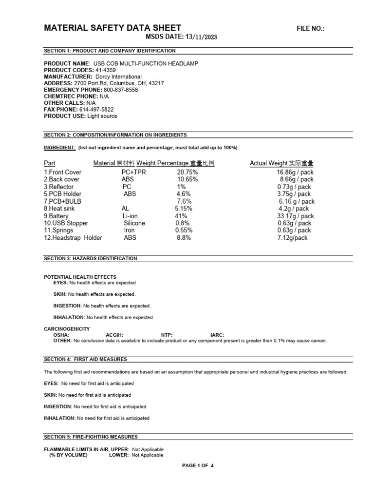 41-4359_MSDS (1) (1) | PDF | Firefighting | Safety