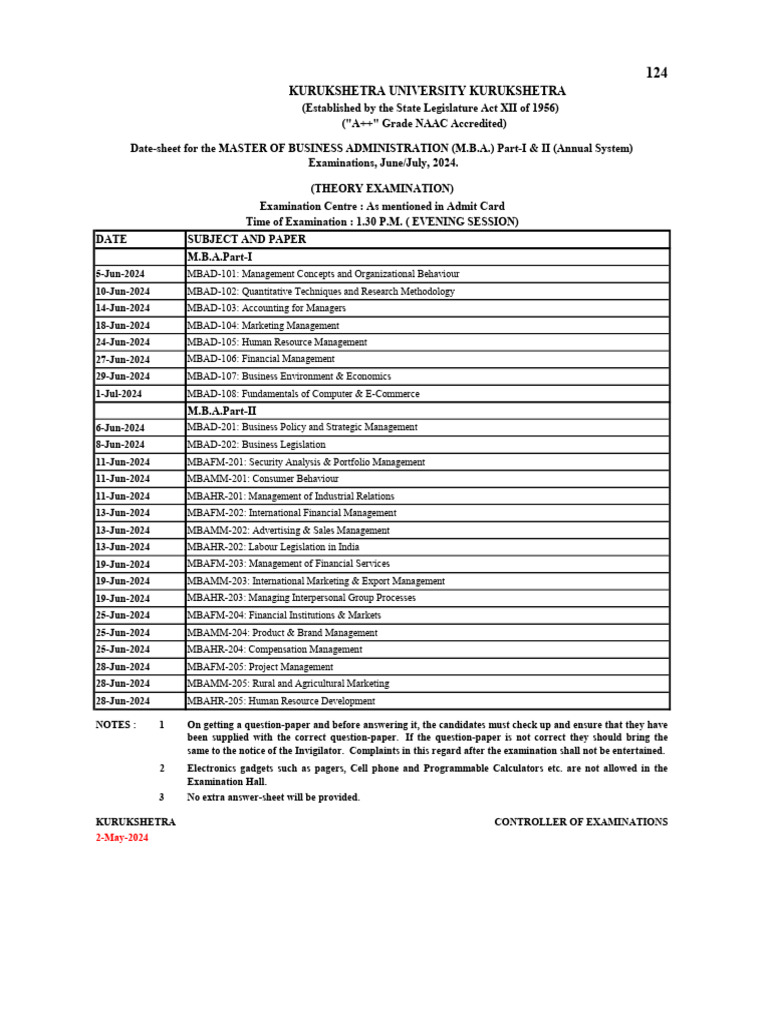 Exam Schedule (MBA) | PDF | Master Of Business Administration ...