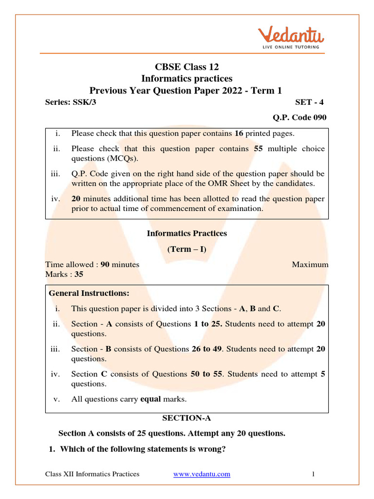 Cbse Class 12 Informatics Practices Term1 Solved Question Paper 2022 ...