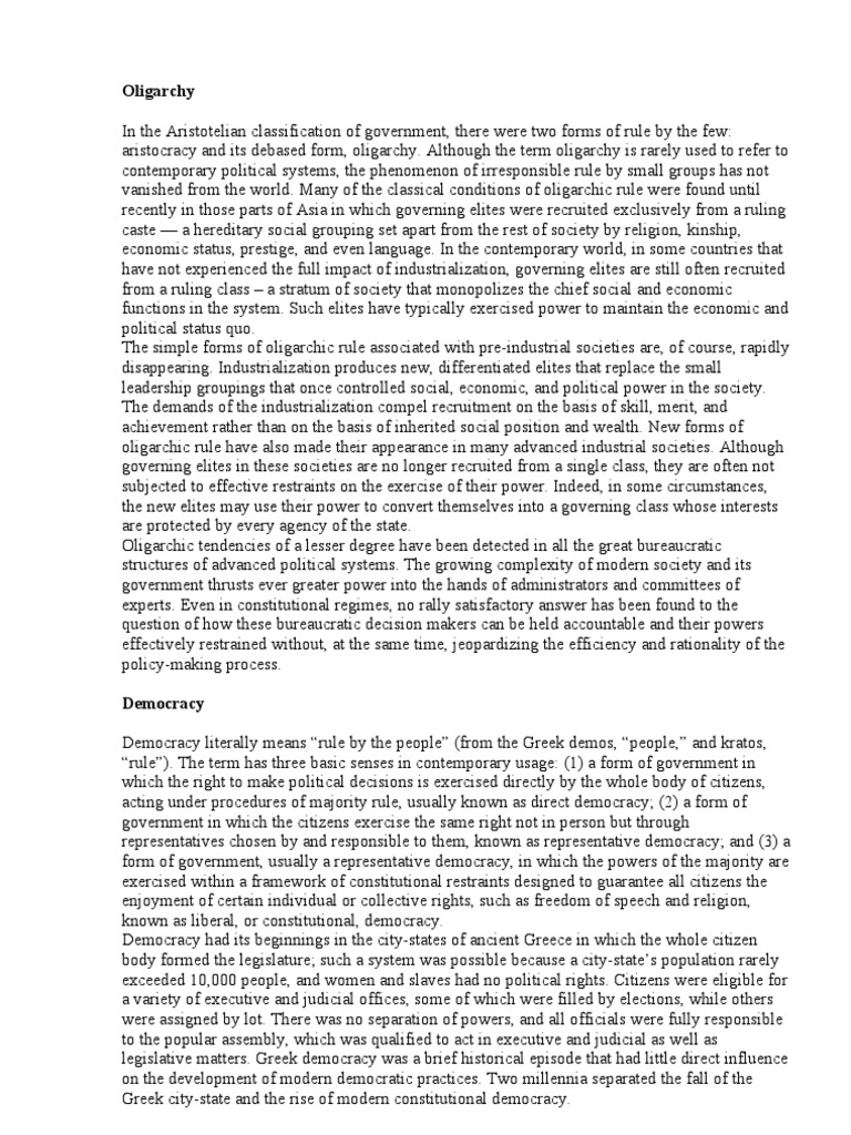 Oligarchy | PDF | Democracy | Political Ideologies