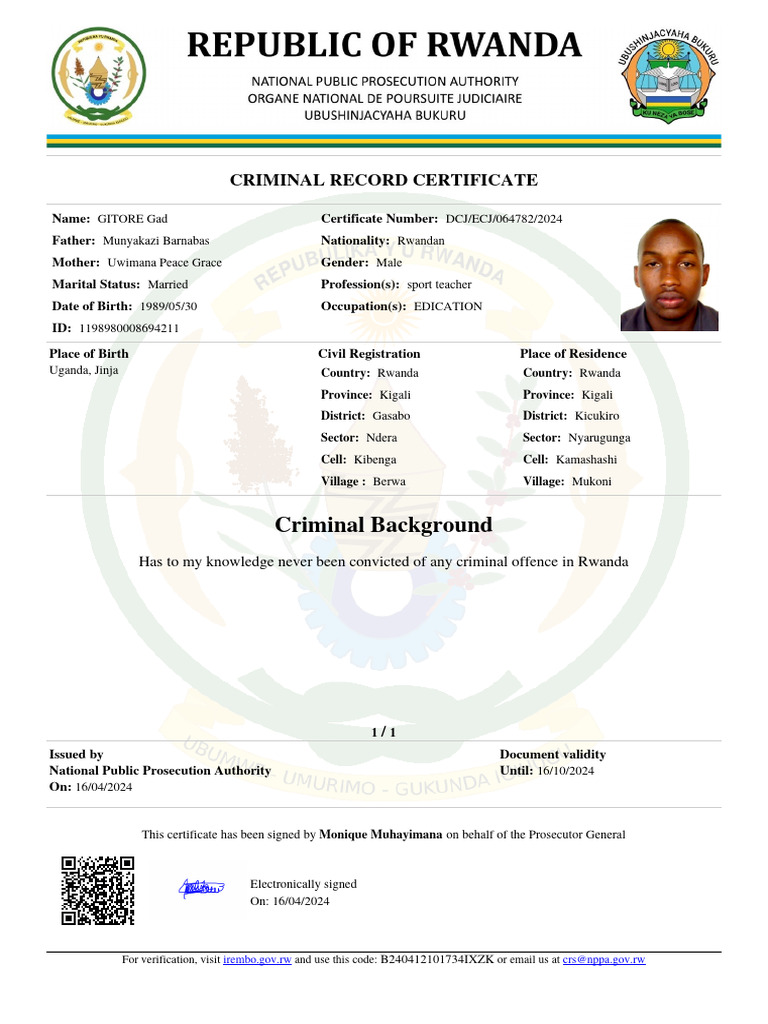 Rwanda Criminal Record Certificate | PDF