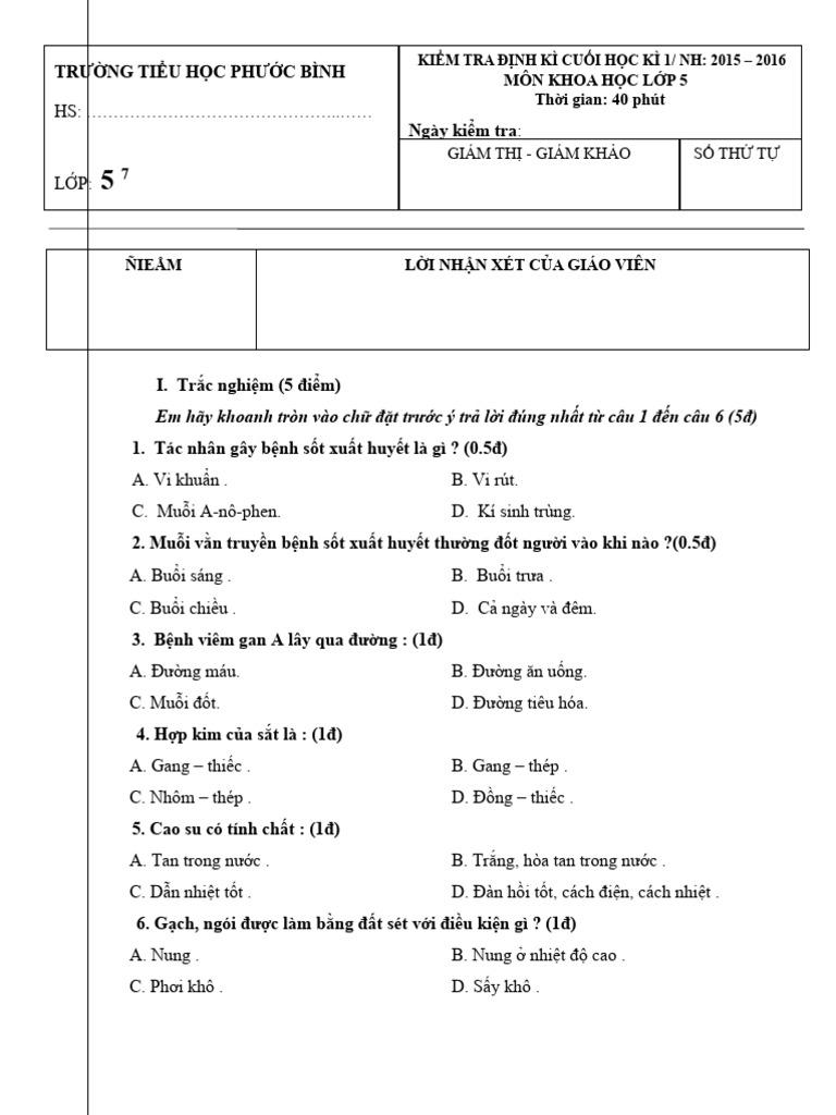 De Thi Lop 5 HK1 | PDF