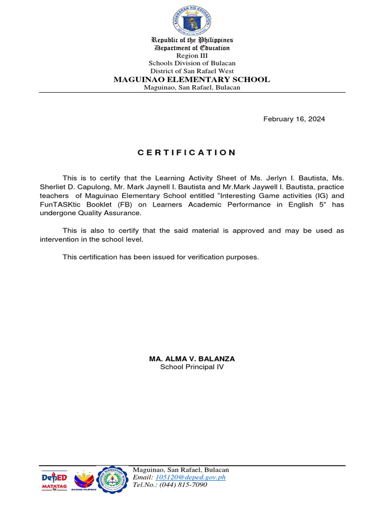 School Certification and Approval For LR 1 | PDF