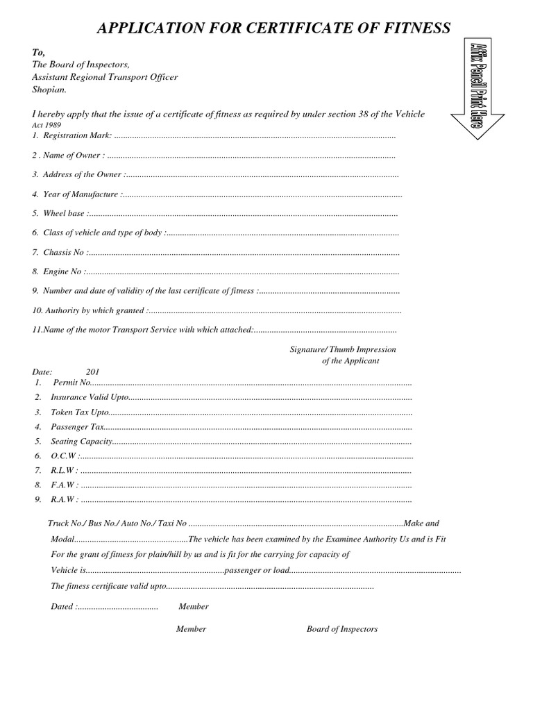 Application for Vehicle Fitness Certificate | PDF | Vehicles ...