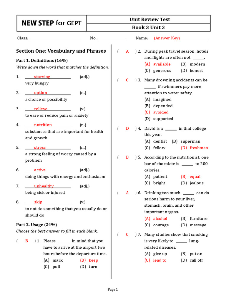 GEPT Unit 3 Review Test Answers | PDF