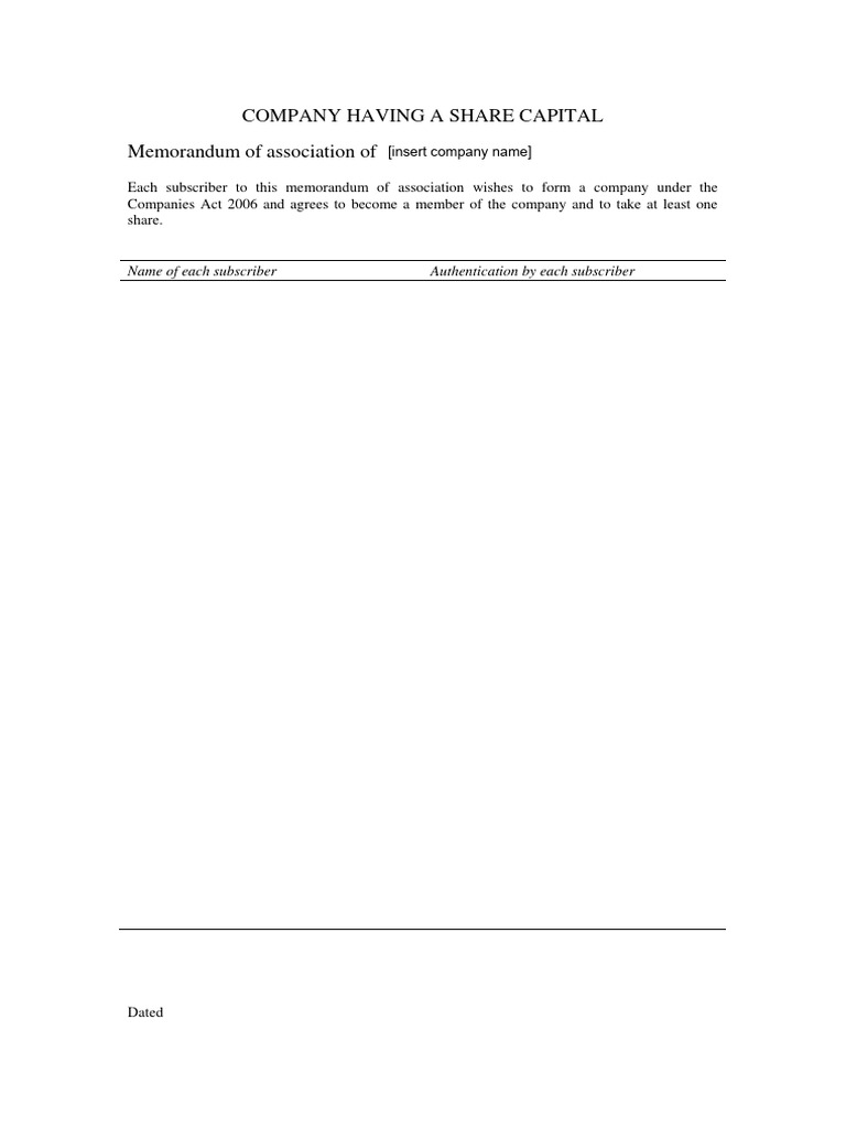 Pro Forma of CA 2006 Memorandum For A Company With A Share Capital | PDF