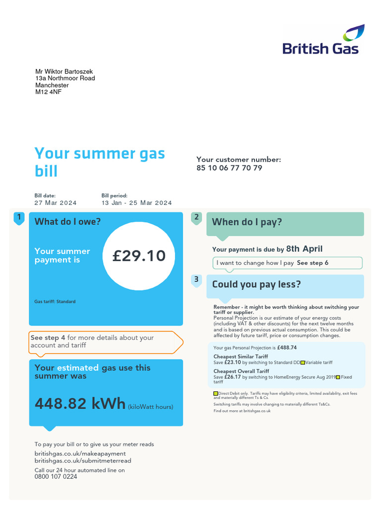 British Gas Summer Bill Overview | PDF | Cheque