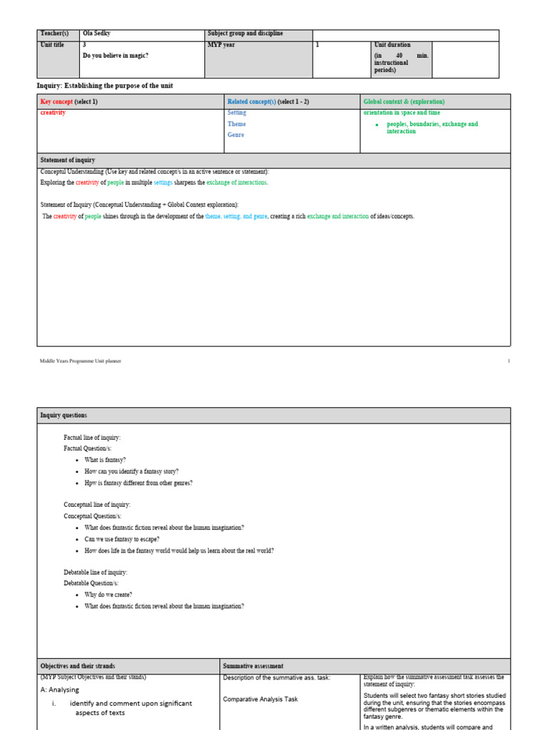 Unit Planner Myp1 U3 | PDF | Learning | Educational Assessment