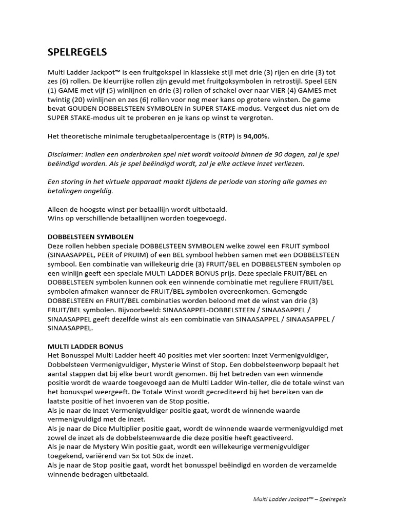 1346 Multi Ladder Jackpot™ NL DL Game Rules 94 00 | PDF