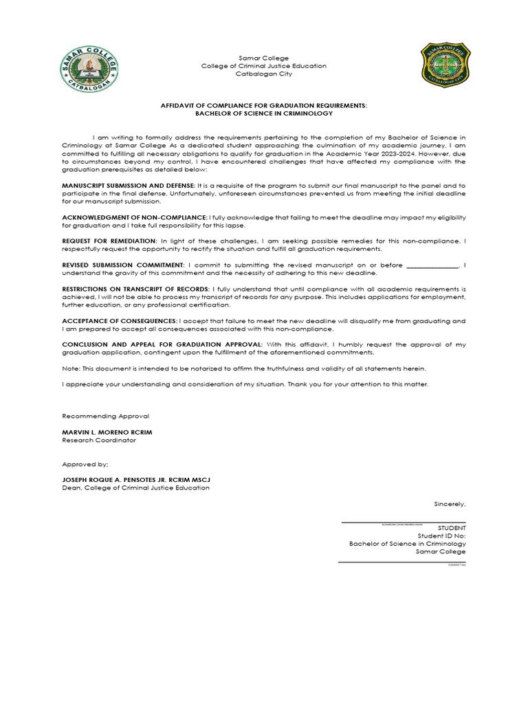 Affidavit of Compliance For Graduation Requirements | PDF | Affidavit ...