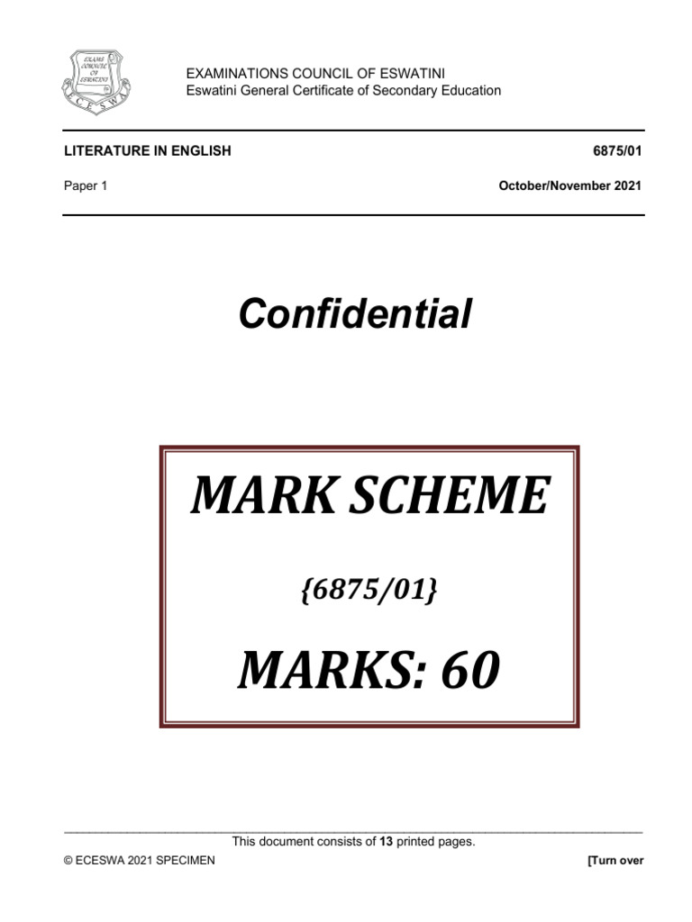 EGCSE Literature in English Specimen 2021 - 2021 Mark Scheme Paper 1 | PDF | Poetry | Thought
