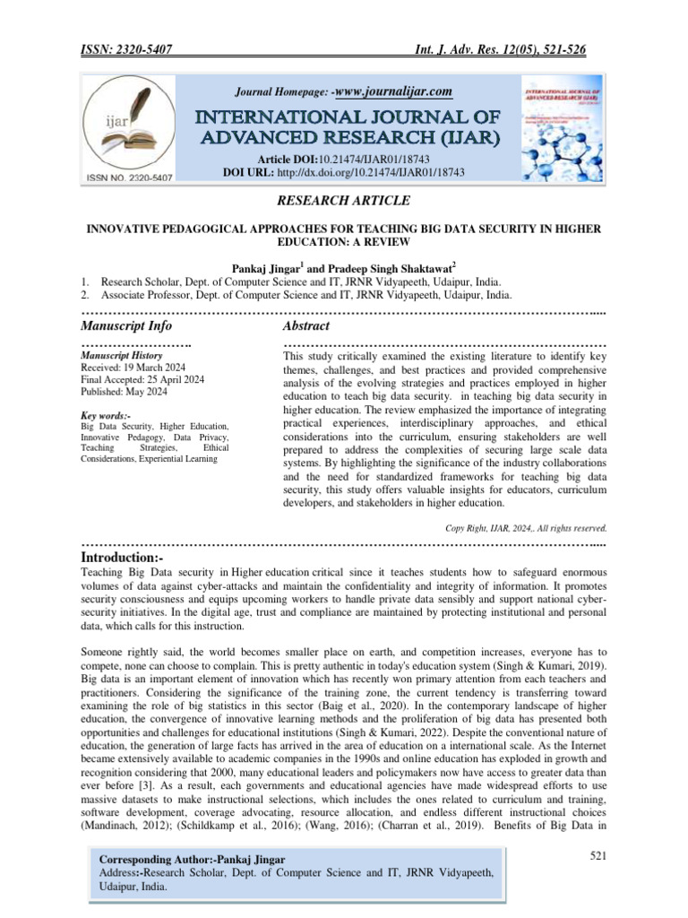 Innovative Pedagogical Approaches For Teaching Big Data Security in Higher Education: A Review ...