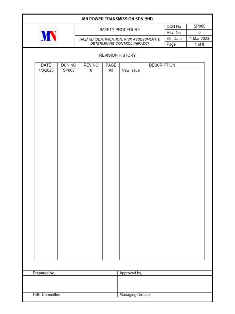 SP005 Safety Procedure - HIRADC R0 | PDF | Risk | Hazards
