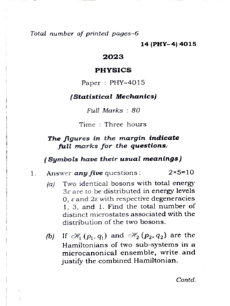 MSc. 4th Semester Question Paper 2023 - Statistical Mechanics & Quantum Mechanics - II | PDF ...