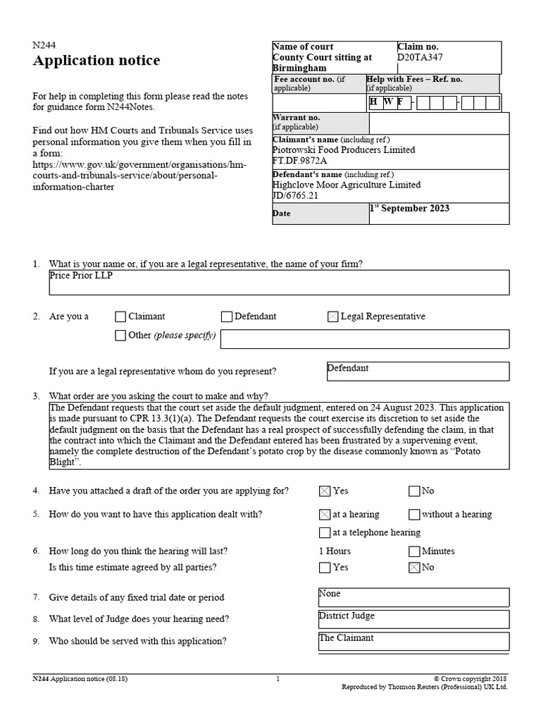 WS5 Piotrowski Civil Application Notice For Set Aside | PDF | Default ...