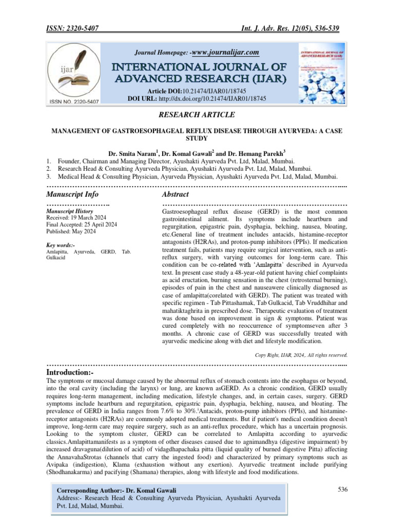 Management of Gastroesophageal Reflux Disease Through Ayurveda: A Case ...