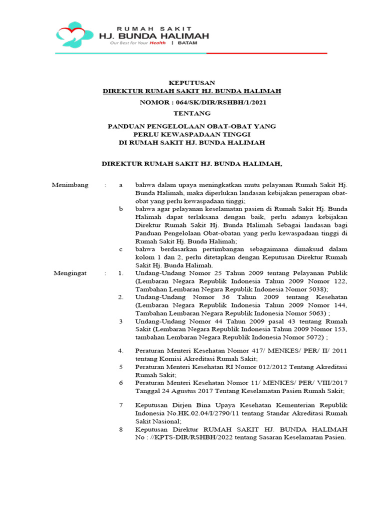 SK Panduan Pengelolaan Obat-Obat Yang Perlu Kewaspadaan Tinggi | PDF