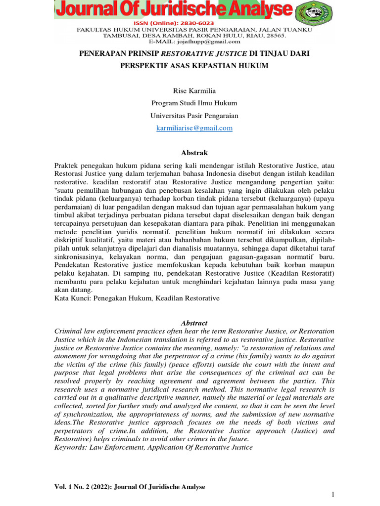 Penerapan Prinsip Restorative Justice Di Tinjau Dari Perspektif Asas Kepastian Hukum | PDF | Politik