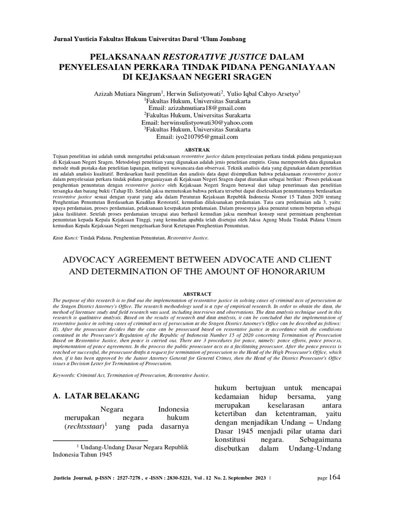 Pelaksanaan Restorative Justice Dalam Penyelesaian Perkara Tindak Pidana Penganiayaa | PDF