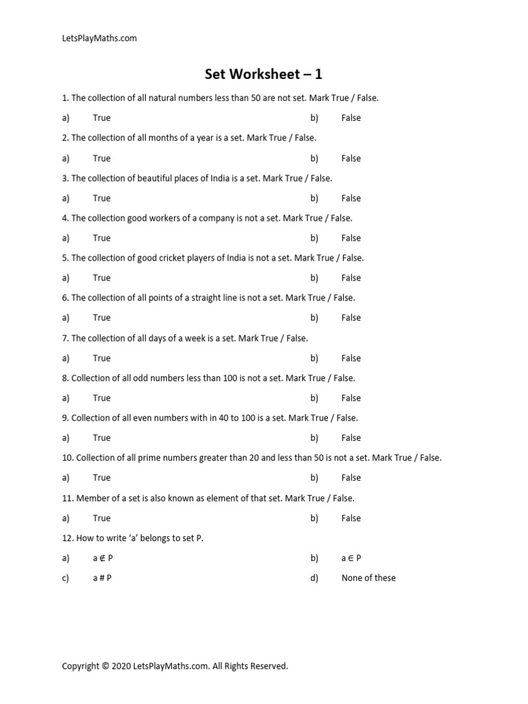 Class 6 Set Math Worksheet 1 | PDF | Freedom Of Expression Law ...