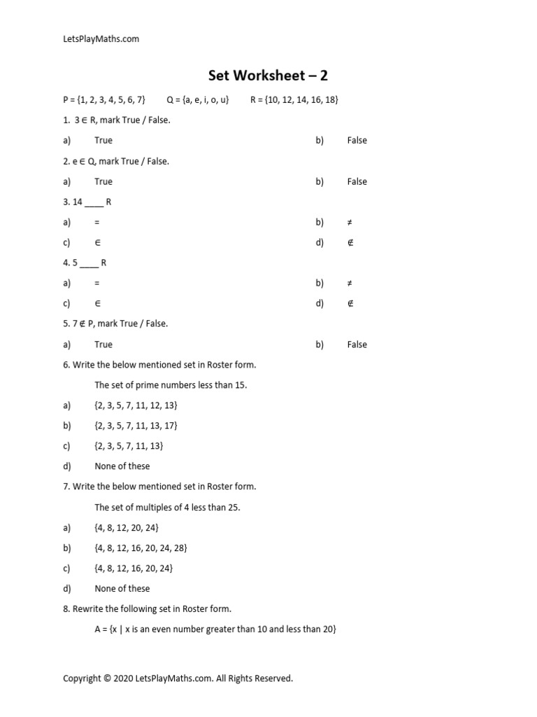 Class 6 Set Math Worksheet 2 | Download Free PDF | Alphabet | English Language