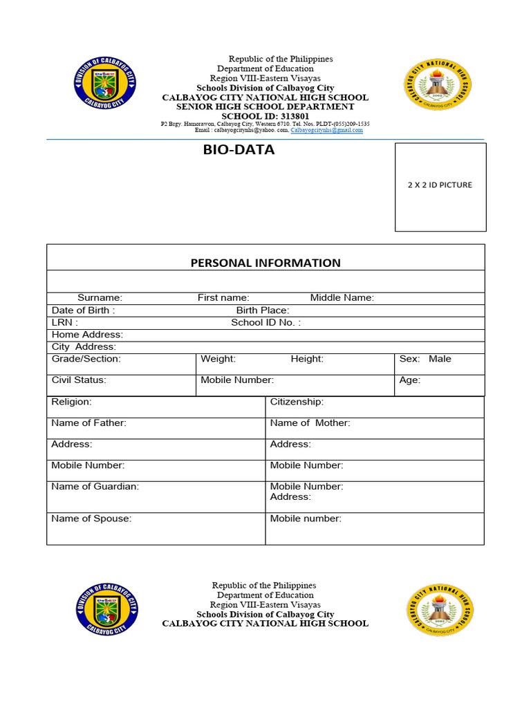 Calbayog City Senior High Bio-Data Form | PDF | Government | Justice