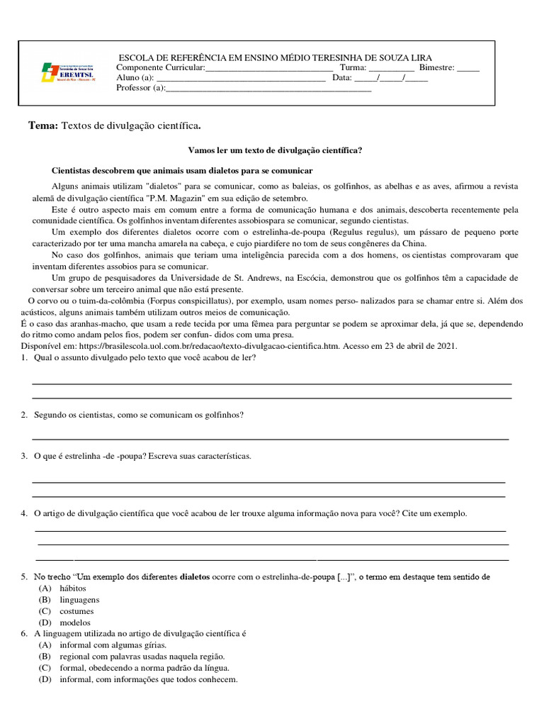 Atividade 1 Ano Artigo De Divulgação Científica Pdf Golfinho Dormir