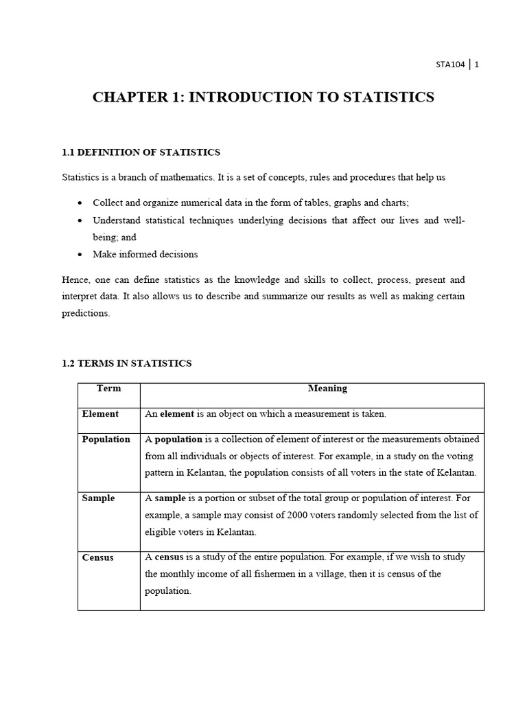 Sta104 Chapter 1 | PDF | Sampling (Statistics) | Statistics