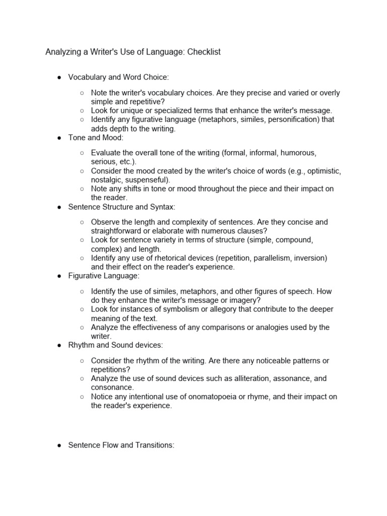 Analyzing A Writer's Use of Language - Checklist | PDF | Word ...