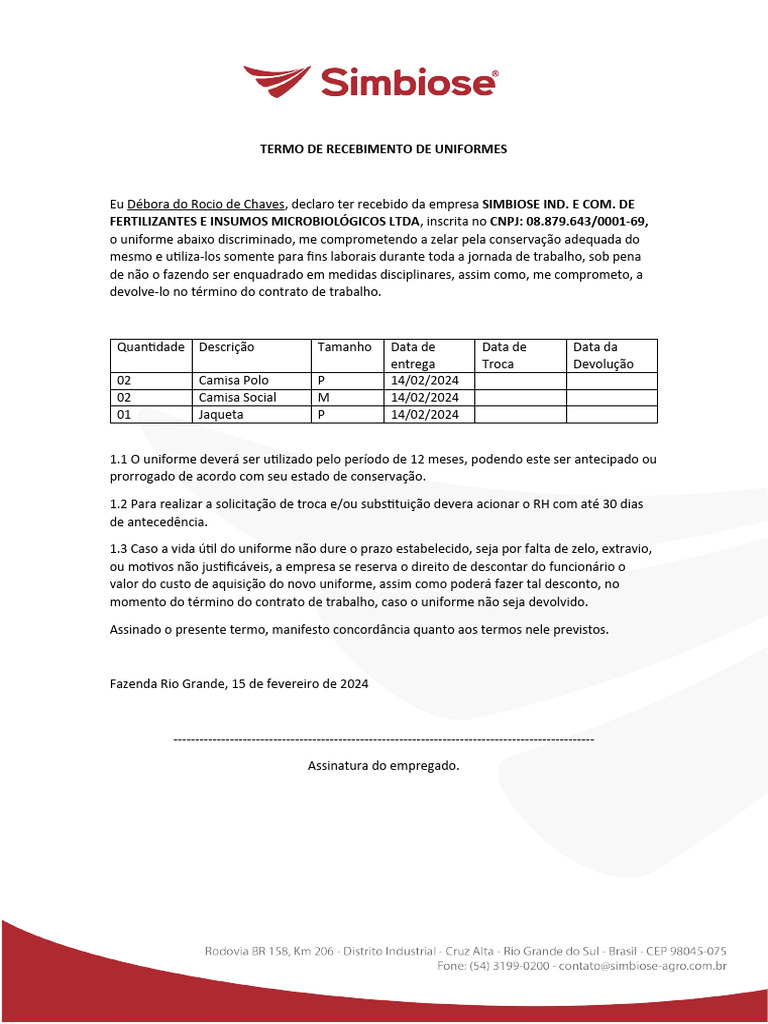 Termo de Rec. de Uniformes Simbiose | PDF