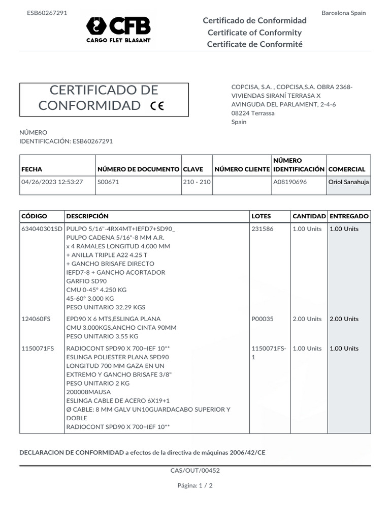 CFB - Expedition Label - Copcisa, S.A. Obra 2368 - Viviendas Siraní ...