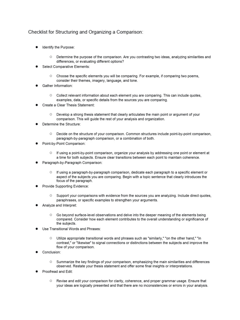 Checklist For Structuring and Organizing A Comparison | PDF | Phrase | Argument