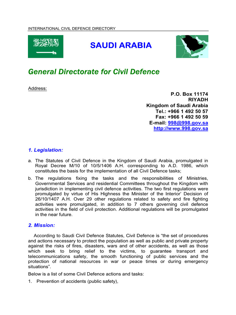 SAUDI ARABIA General Directorate For Civil Defence - ICDO | PDF | Civil ...