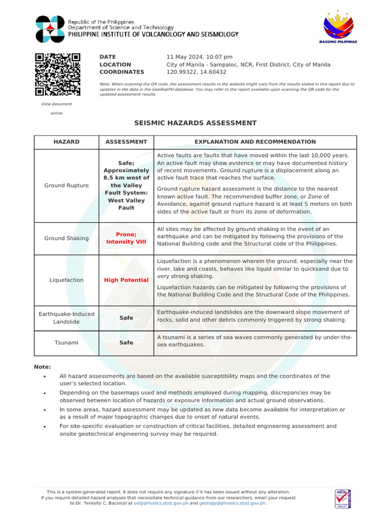 Manila Hazard Assessment Report 2024 | PDF | Flood | Volcano