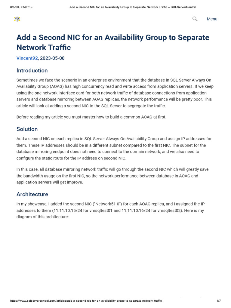 Add Second NIC for SQL AOAG Traffic | PDF | Computer Network | Network Interface Controller