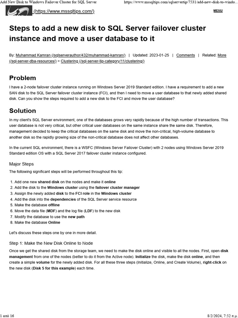 Add New Disk To Windows Failover Cluster For SQL Server | PDF | Databases | Computer Cluster