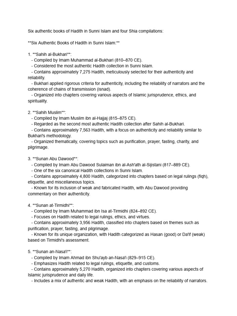 Six Authentic Books of Hadith in Sunni Islam and Four Shia Compilations ...