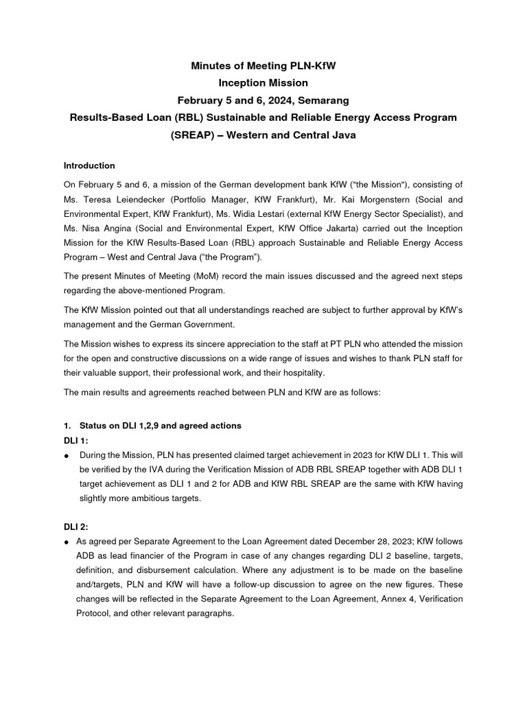 MoM SREAP - Inception Mission - Rev PLN - Resp KFW - Clean - Signed KFW | PDF