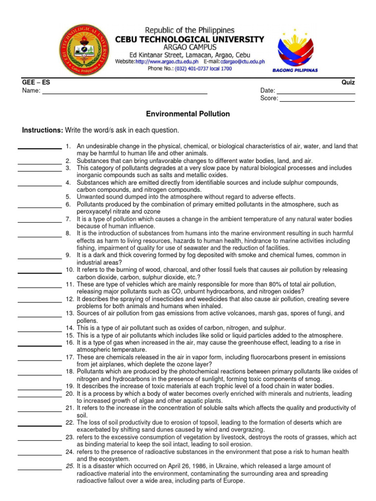 GEE ES QUIZ On Environmental Pollution | PDF | Air Pollution | Soil