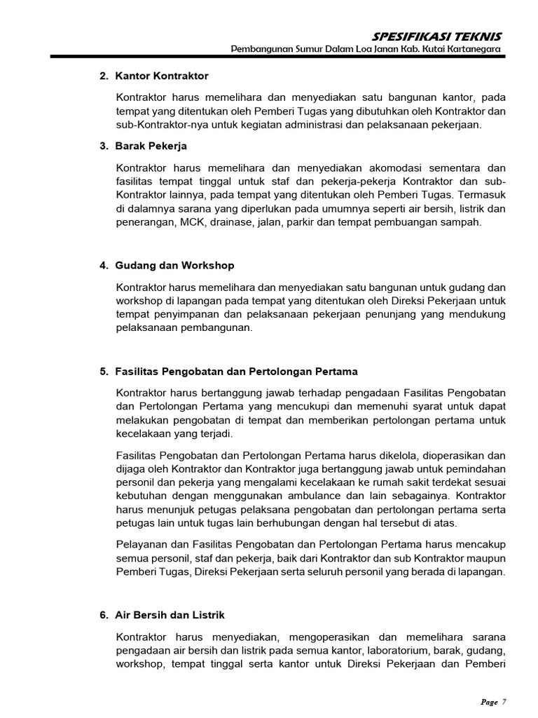 Spesifikasi Teknis Pembangunan Sumur NEW-8 | PDF | Griya & Taman ...