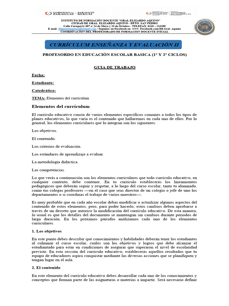 Clase #1 Elementos Del Currículum | PDF | Plan de estudios | Evaluación
