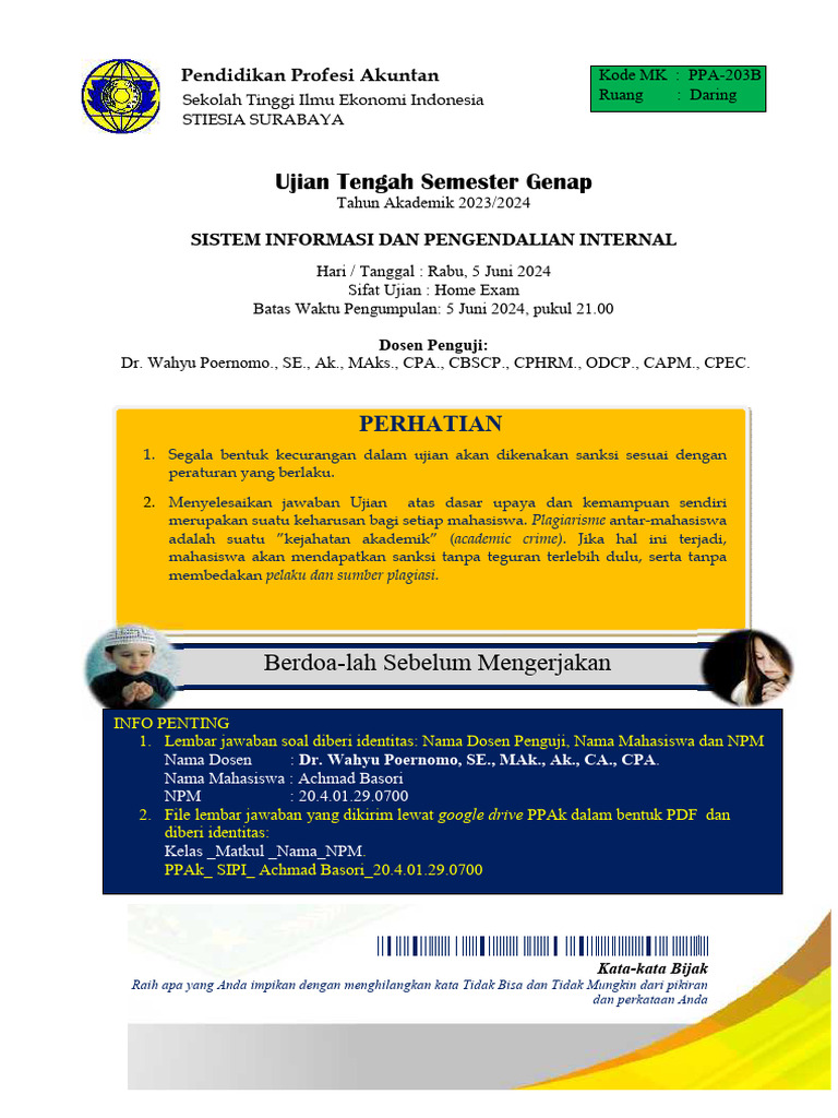 Soal UTS SIPI SMNTR Genap TA 23-24 (Pak Wahyu) | PDF | Karier & Perkembangan | Komputer