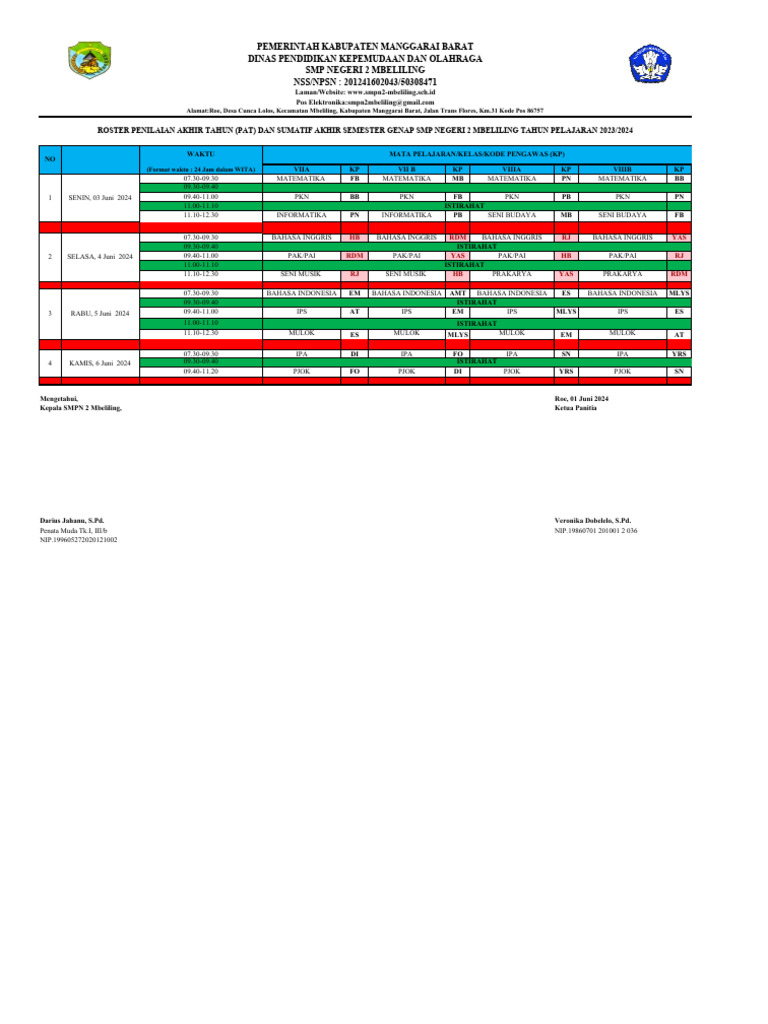 Roster Ujian Semester Genap 2023-2024 | PDF