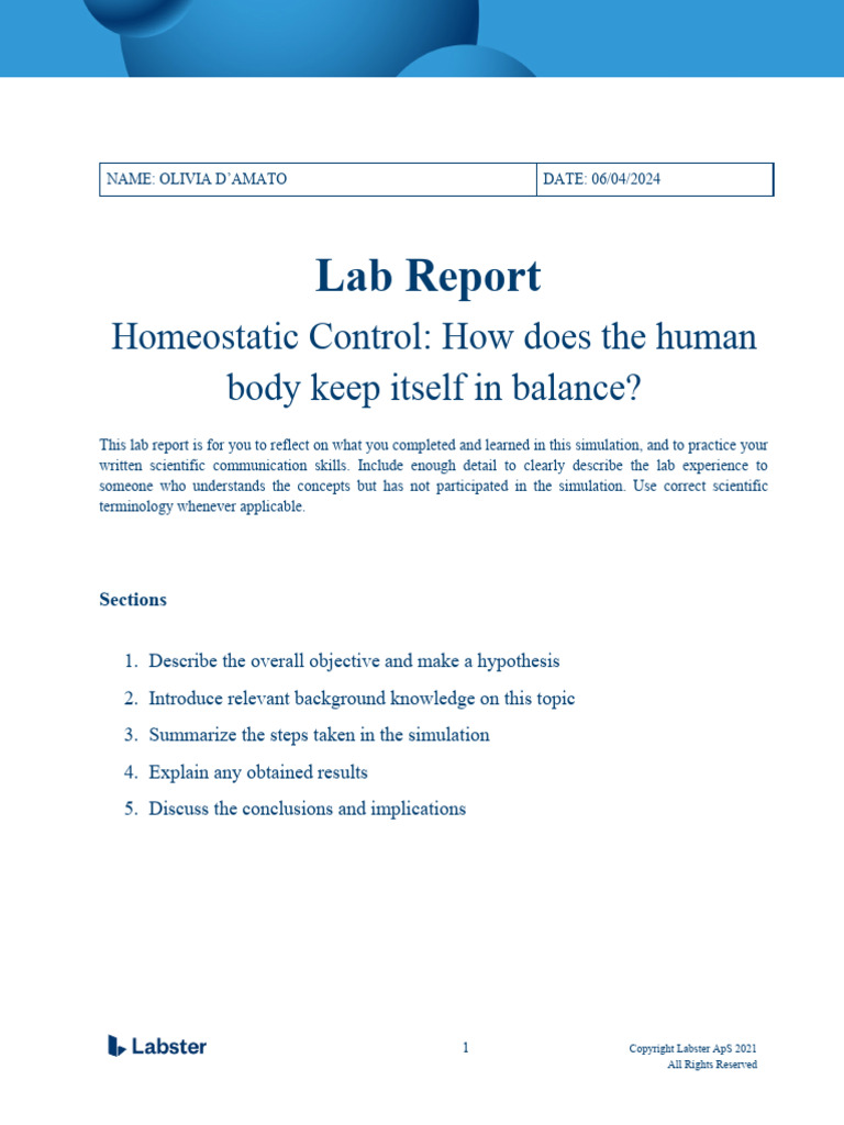 Lab Report - Homeostatic Control - How Does The Human Body Keep Itself ...