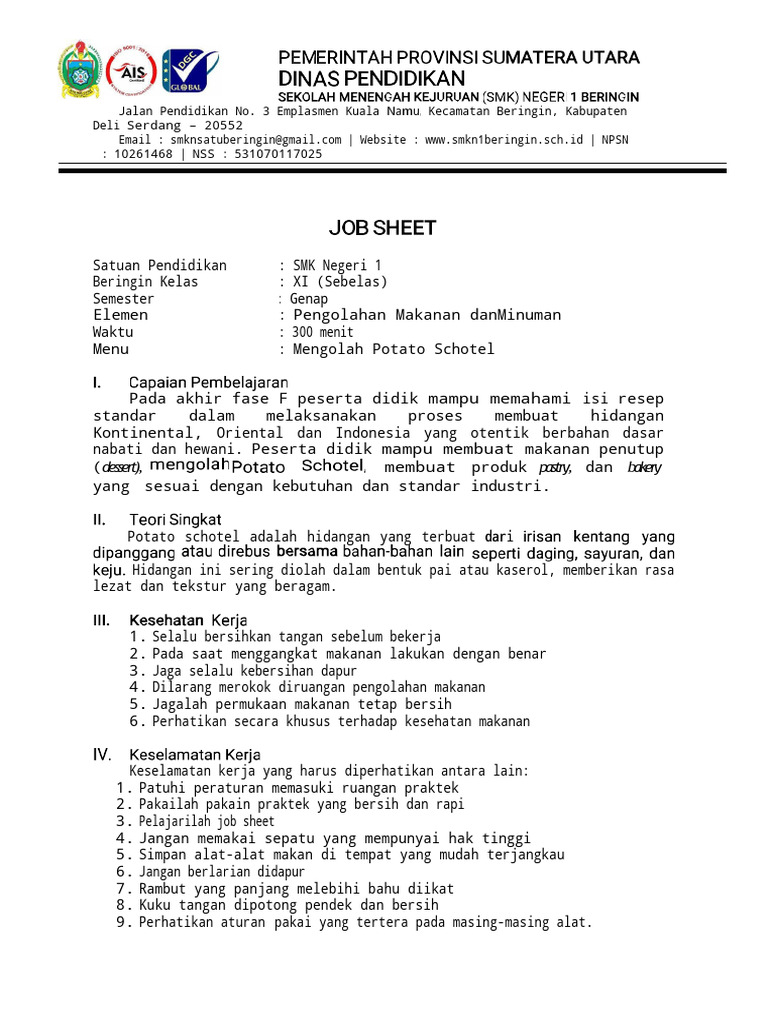 JOBSHEET FASE F (Potato Schotel) | PDF