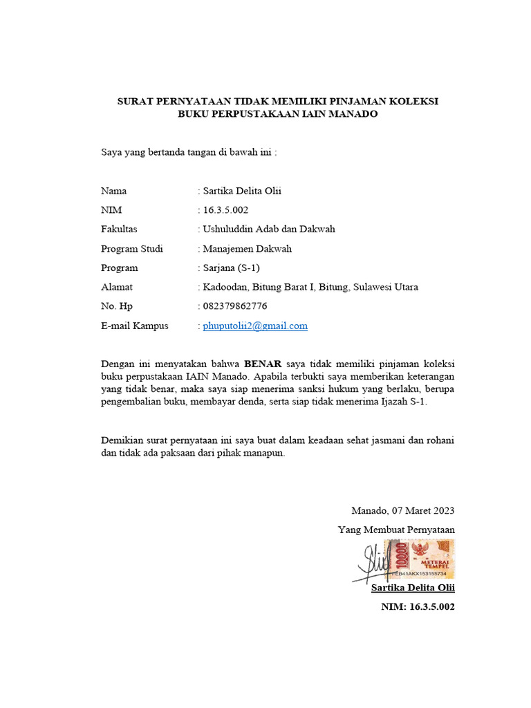 Surat Pernyataan Tidak Memiliki Pinjaman Koleksi Buku Perpustakaan Iain ...