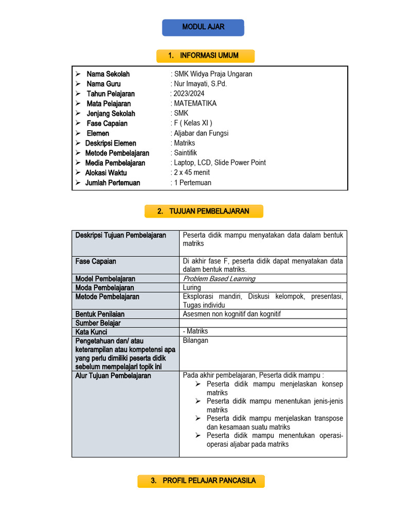 Modul Ajar Fase f Matriks | PDF