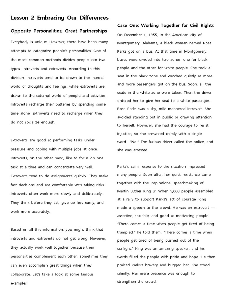 Lesson 2 Embracing Our Differences | PDF | Extraversion And ...