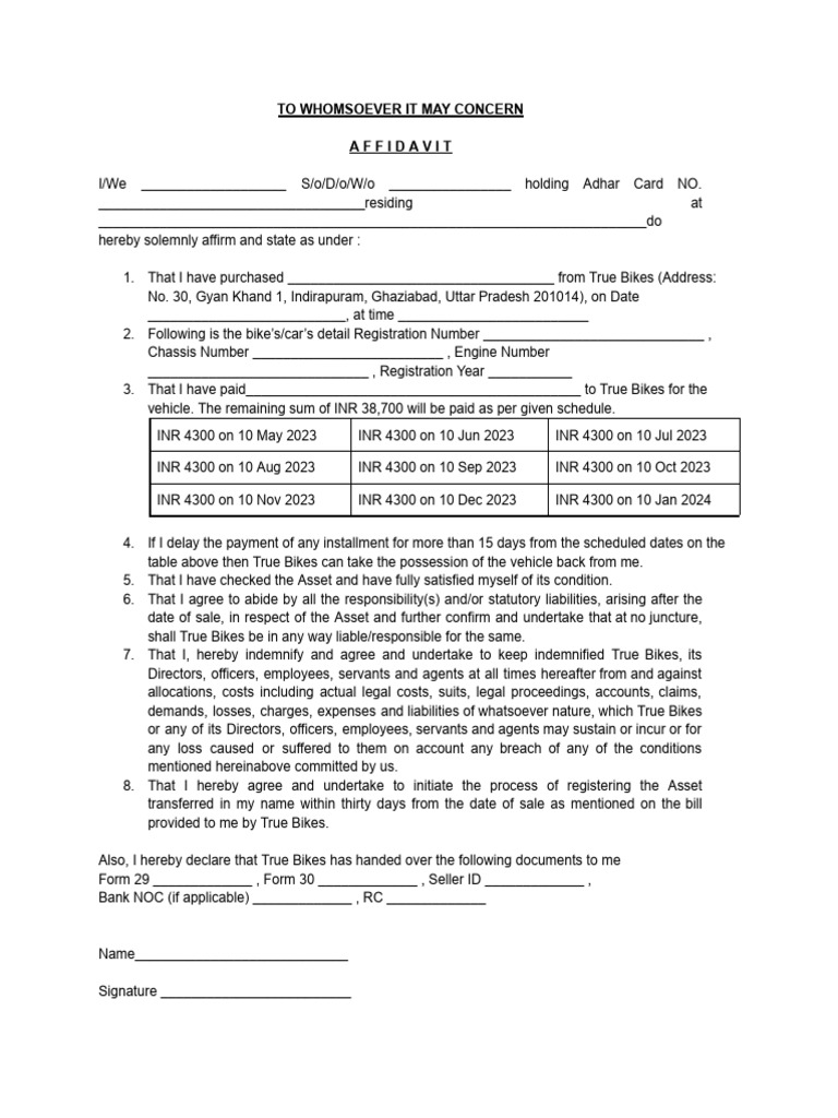 Vehicle Purchase Affidavit Template | PDF | Indemnity | Common Law