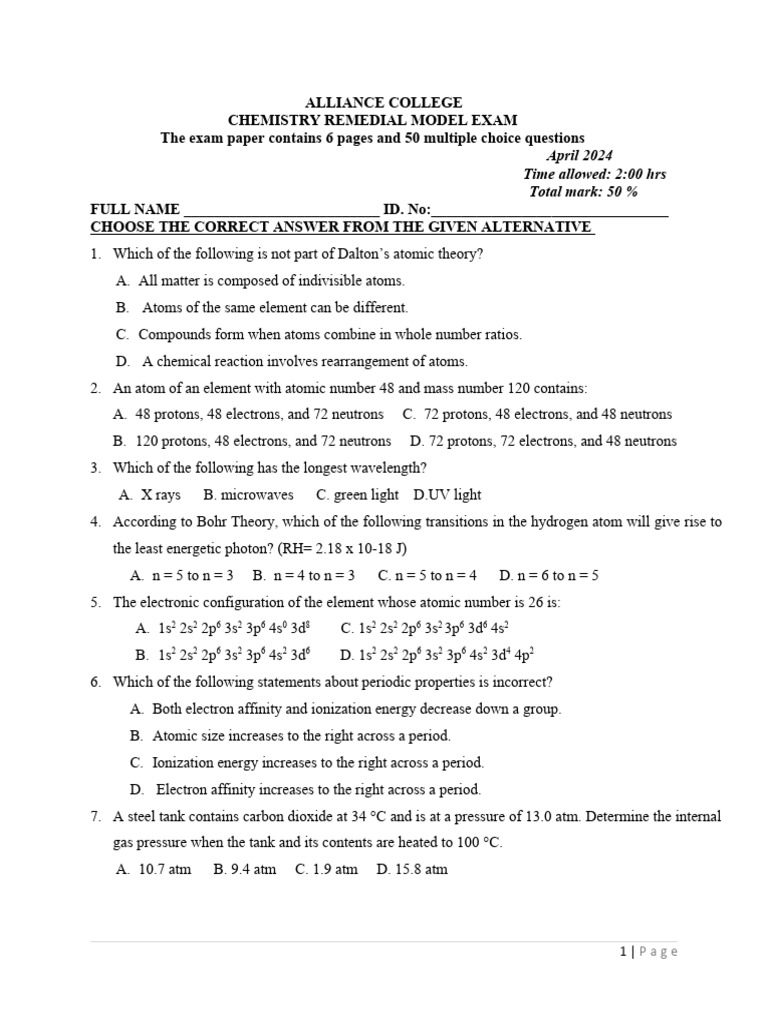 remedial Chemistry model exam 2024 | Download Free PDF | Gases | Atoms remedial Chemistry model exam 2024 | Download Free PDF | Gases | Atoms